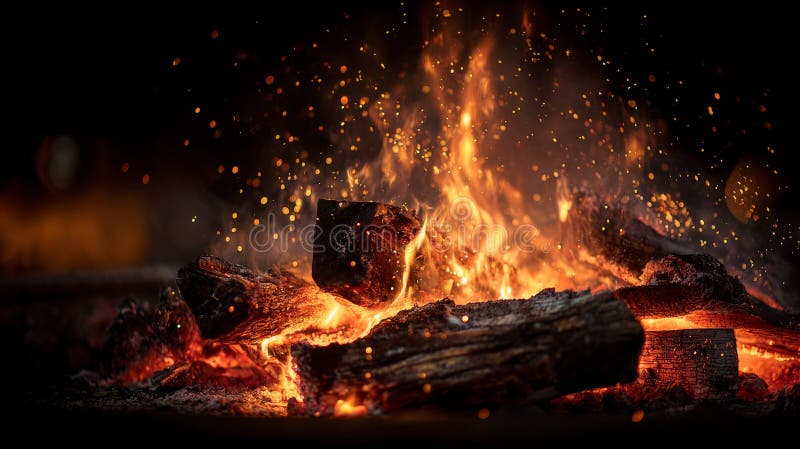 Burning Campfire with Glowing Logs and Sparks in Dynamic Night Scene ...