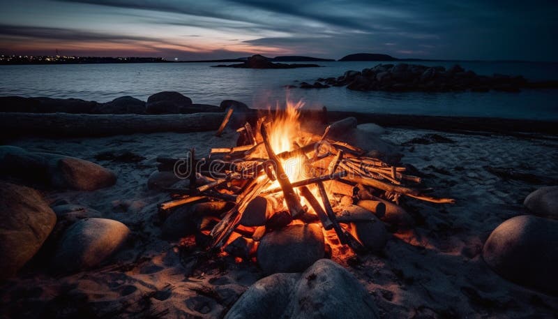 Burning Campfire Heats Up the Dusk, Glowing in Natural Beauty Generated by AI Stock Illustration ...