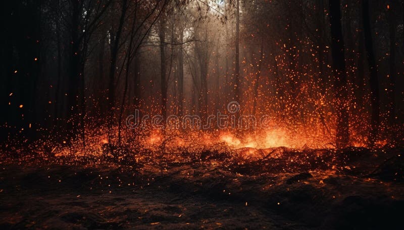 Burning Campfire Illuminates Dark Forest at Night Generated by AI Stock ...