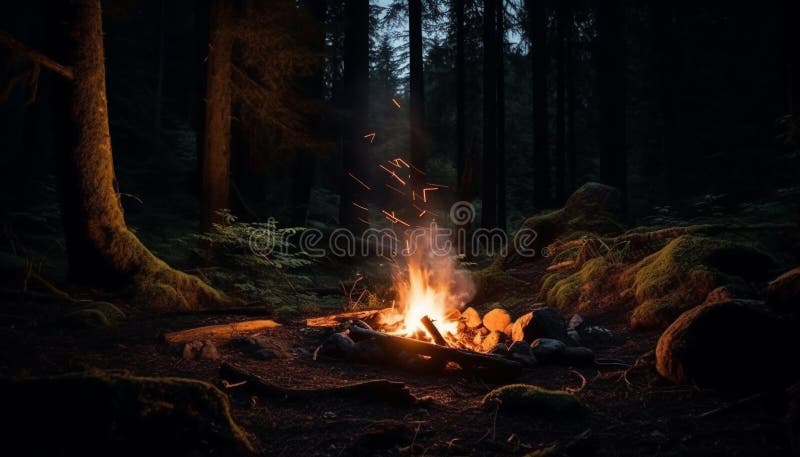 Burning Campfire Illuminates Tranquil Wilderness Area on Autumn Night ...