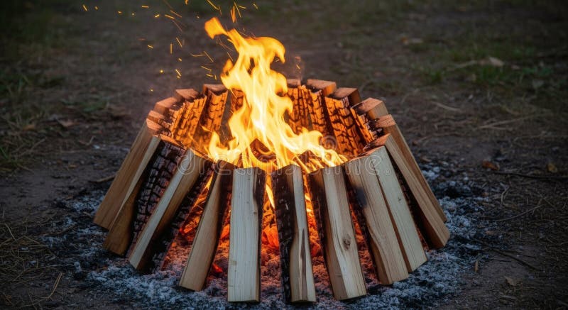 Burning Campfire with Log Cabin Structure Stock Illustration ...