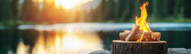 Burning Campfire with Logs on a Tree Stump Near a Lake at Sunset Time ...
