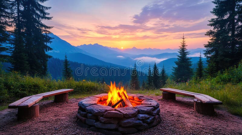 Burning Campfire in the Mountains at Sunset with Benches and Epic View ...