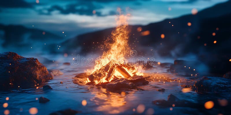 Burning Campfire at Night Dramatic Nature Scene Stock Illustration ...