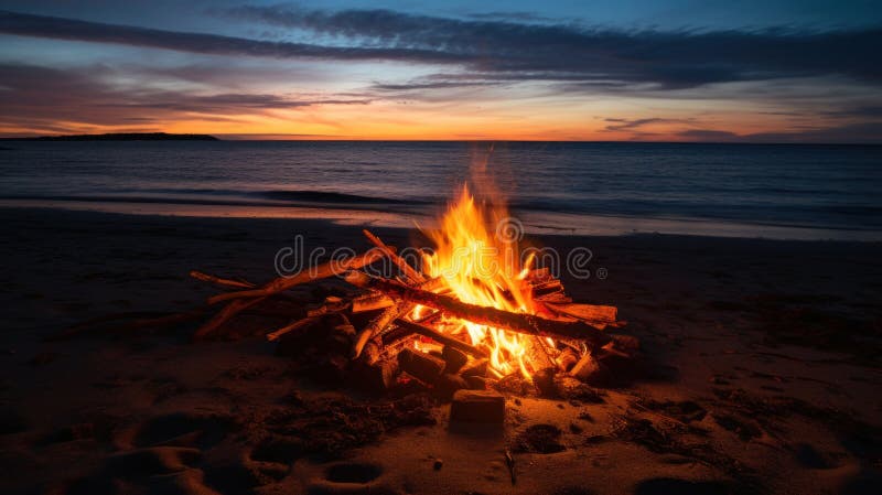 Burning Campfire on the Sand Beach. Beautiful Sunset Sky with Clouds Stock Illustration ...