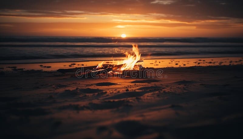 Burning Campfire on Sand, Glowing Orange at Dusk, Tranquil Scene ...