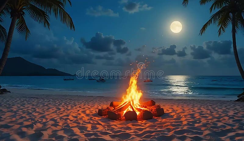 Burning Campfire on Sandy Beach with Moonlight and Palm Trees Scene ...