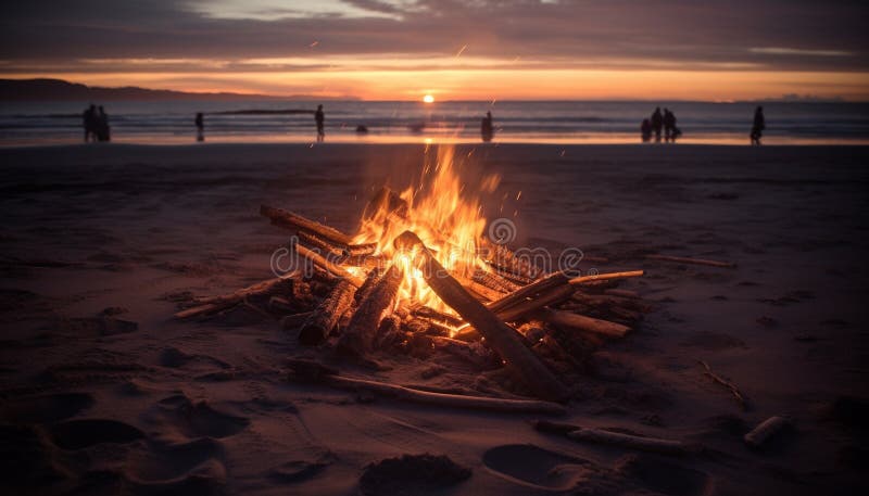 Burning Campfire on Sandy Beach at Sunset Generated by AI Stock Illustration - Illustration of ...