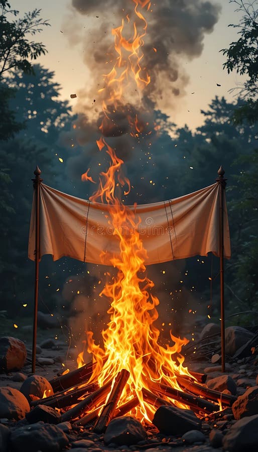 Burning Campfire with Sparks and Suspended Banner in Forest Setting ...