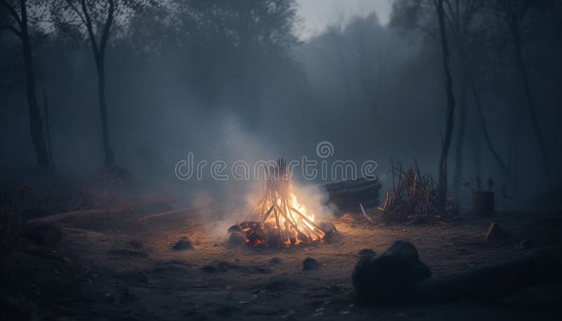 Burning Campfire in Spooky Forest Creates Mystery Generated by AI Stock ...