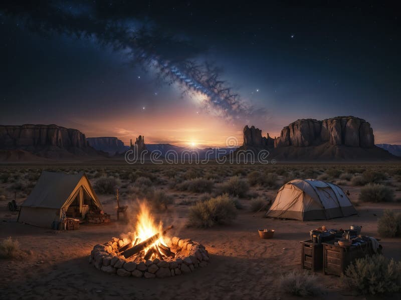 Burning Campfire between Two Tents in the Desert with a View of the ...