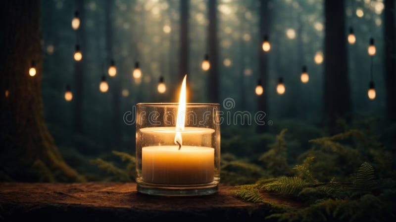 Burning Candle Against the Backdrop of a Magical Forest with Lights ...