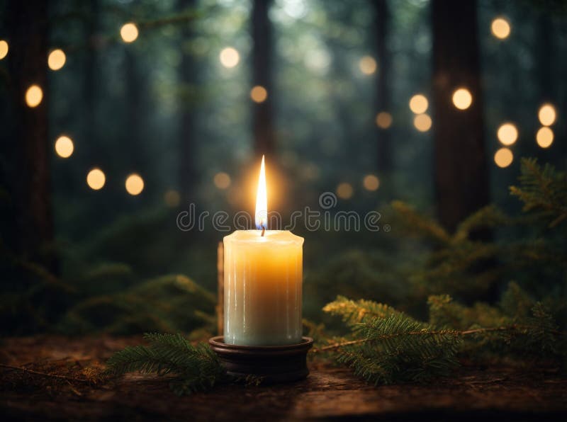 Burning Candle Against the Backdrop of a Magical Forest with Lights ...