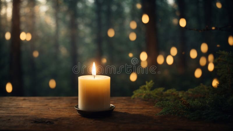 Burning Candle Against the Backdrop of a Magical Forest with Lights ...
