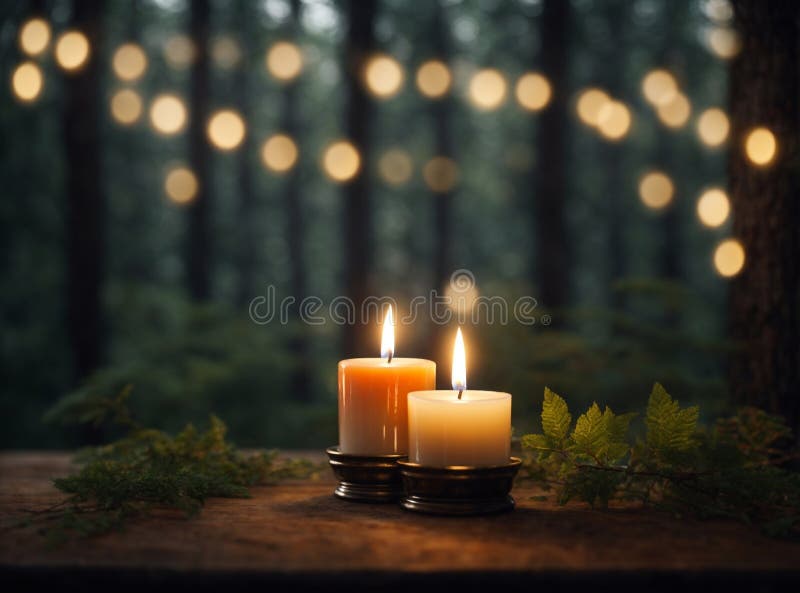 Burning Candle Against the Backdrop of a Magical Forest with Lights ...