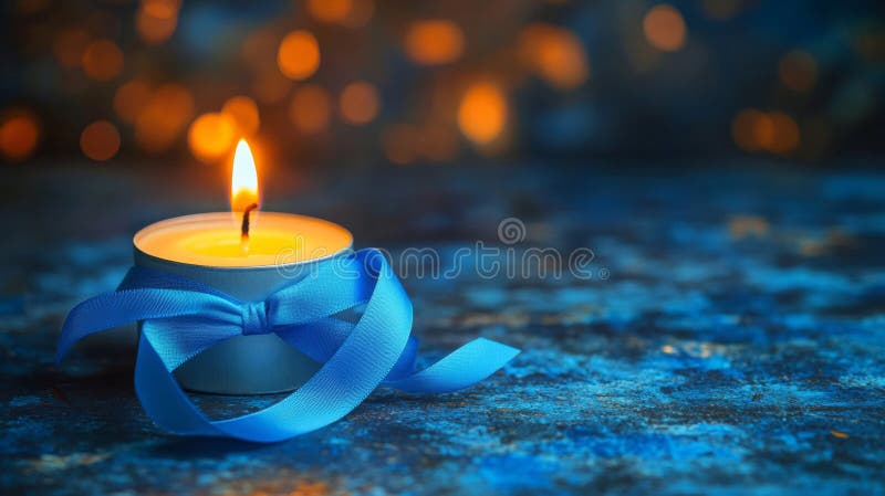 Burning Candle with Blue Ribbon on Dark Textured Surface Stock ...