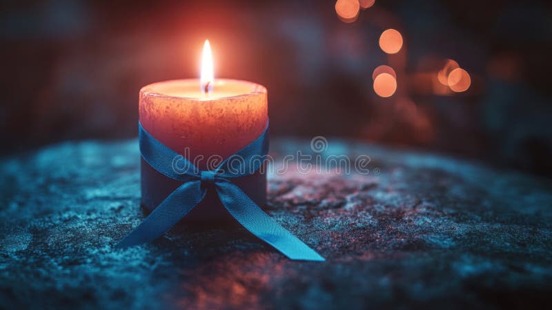 Burning Candle with Blue Ribbon on Dark Textured Surface Stock ...