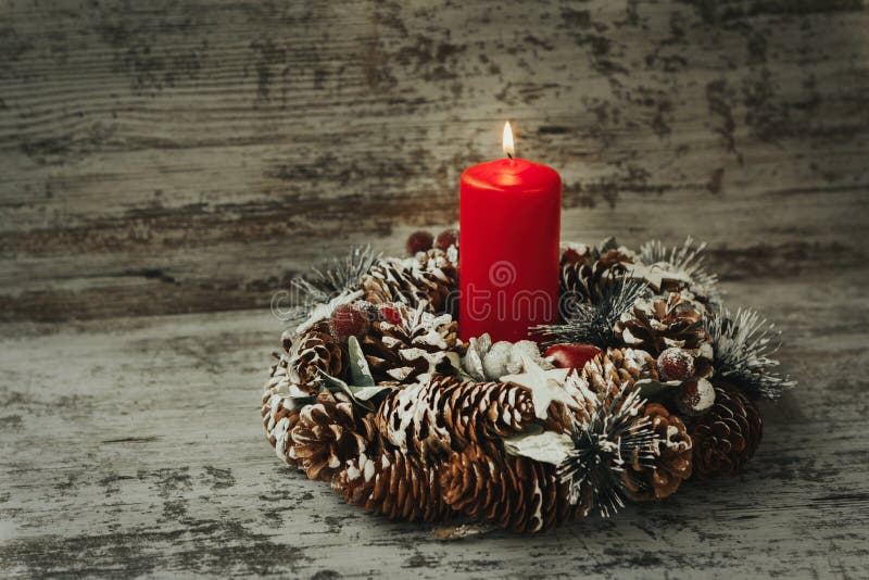 Burning Candle in a Christmas Wreath Stock Image - Image of cone ...