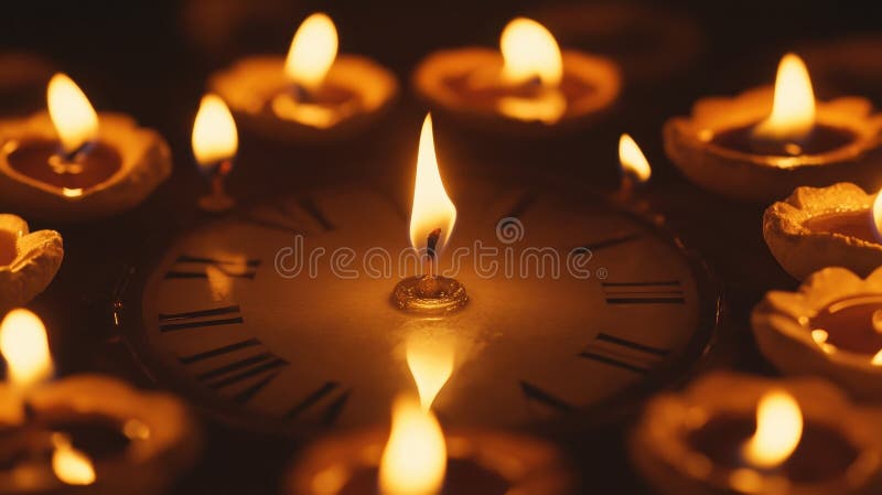 Burning Candle on Clock Face Surrounded by Oil Lamps. Concepts of ...