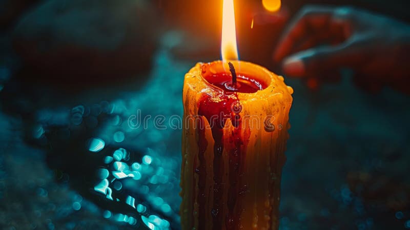 Burning Candle with Dripping Wax in Dim Light at Night Stock Image ...