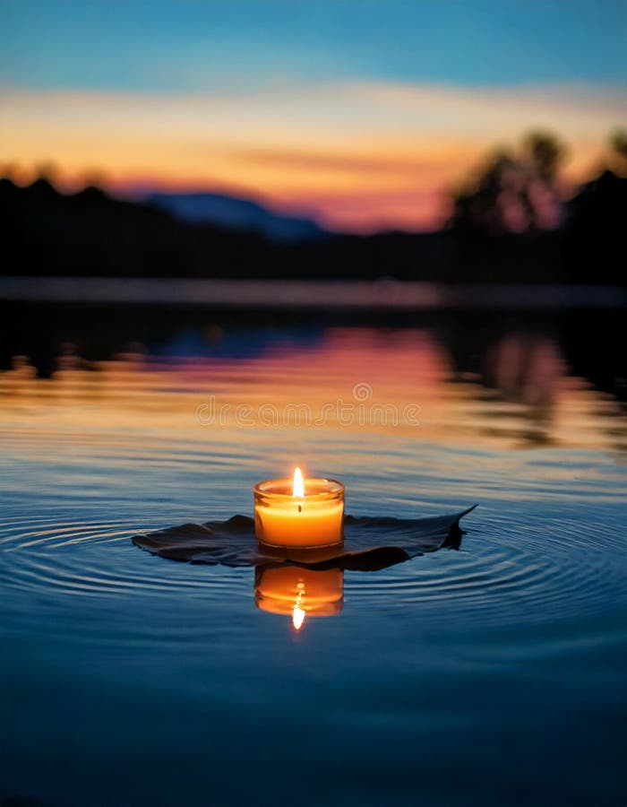 Burning Candle Floating on a Leaf at Sunset Creating Concentric Circles ...