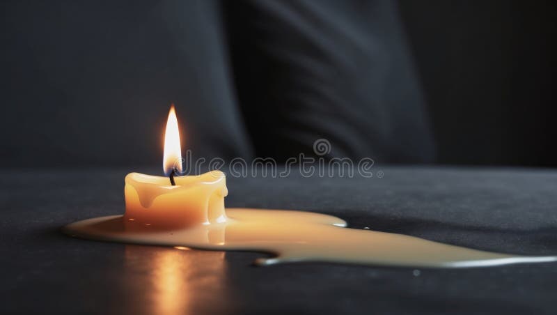Burning Candle Melting on Dark Background Creating a Pool of Wax. Stock ...
