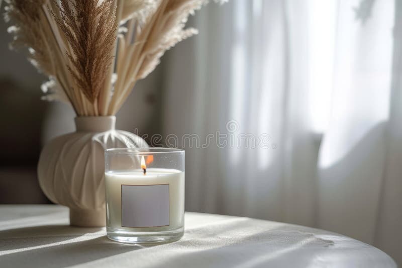 Burning Candle Mockup in a Glass Container with a White Label ...