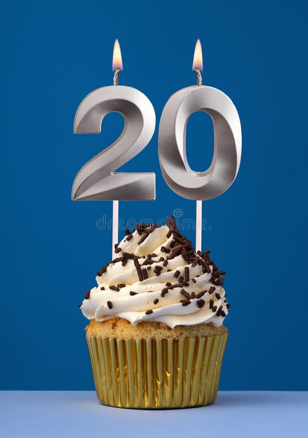 Burning Candle Number 20 - Birthday Card with Cake on Blue Background ...