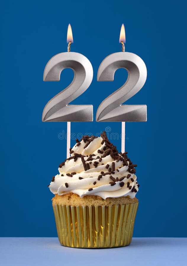 Burning Candle Number 22 - Birthday Card with Cake on Blue Background ...