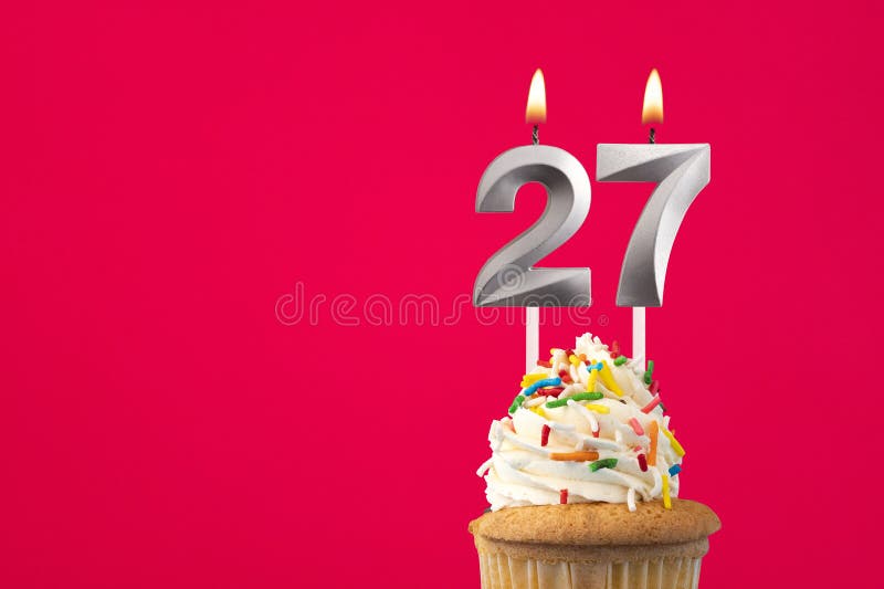Burning Candle Number 27 - Birthday Card with Cake Stock Photo - Image ...