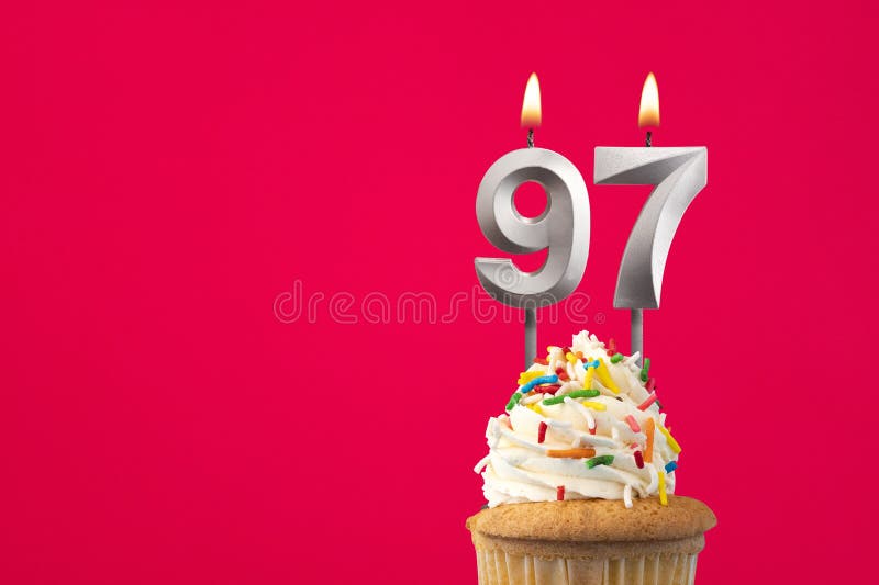 Burning Candle Number 97 - Birthday Card with Cake Stock Photo - Image ...
