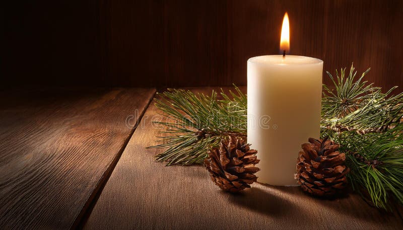 A Burning Candle with Pine Leaves and Cones Stock Illustration ...