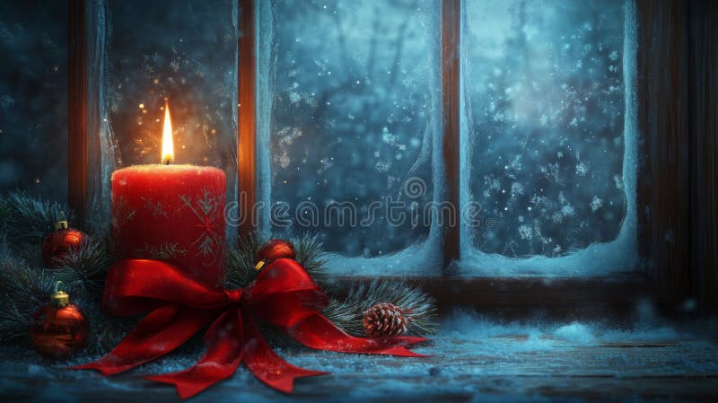 A Burning Candle in a Snowy Window Scene Stock Illustration ...