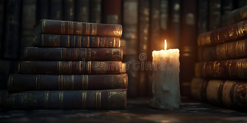 A Burning Candle and Stacks of Old Books a Serene Library Scene Stock ...