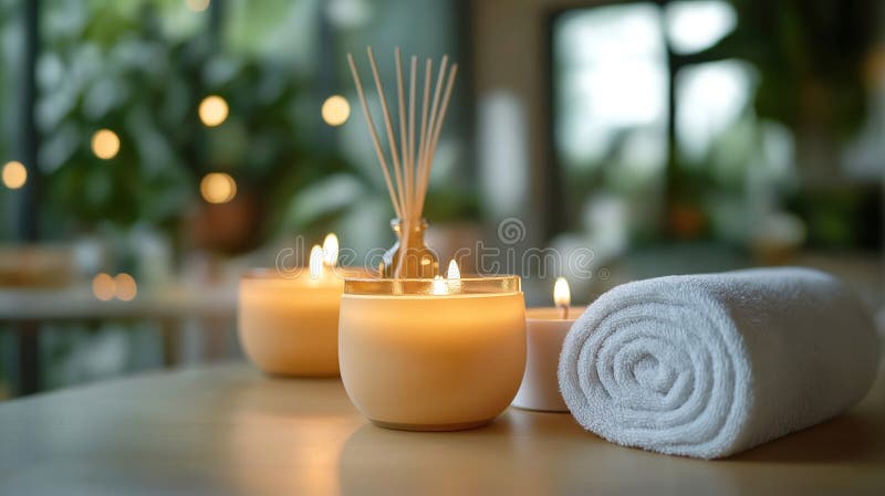 Burning Candles, Aromatic Reed Diffuser on Spa Table. Relaxing ...