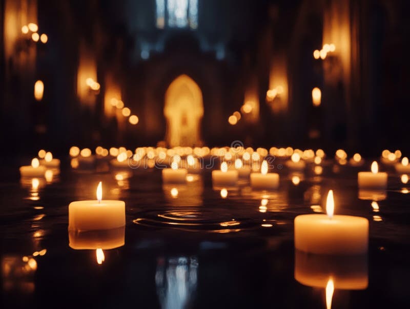 Burning Candles Floating on a Dark Reflective Surface Stock ...