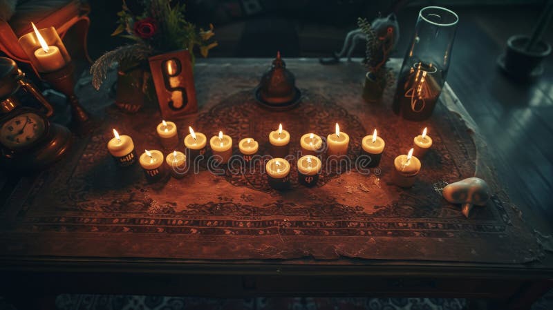 Burning Candles Forming the Number 13 on a Mystical Table Setup Stock ...