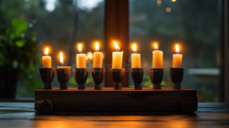 Burning Candles on Wooden Candle Holder with Window in Background Stock ...
