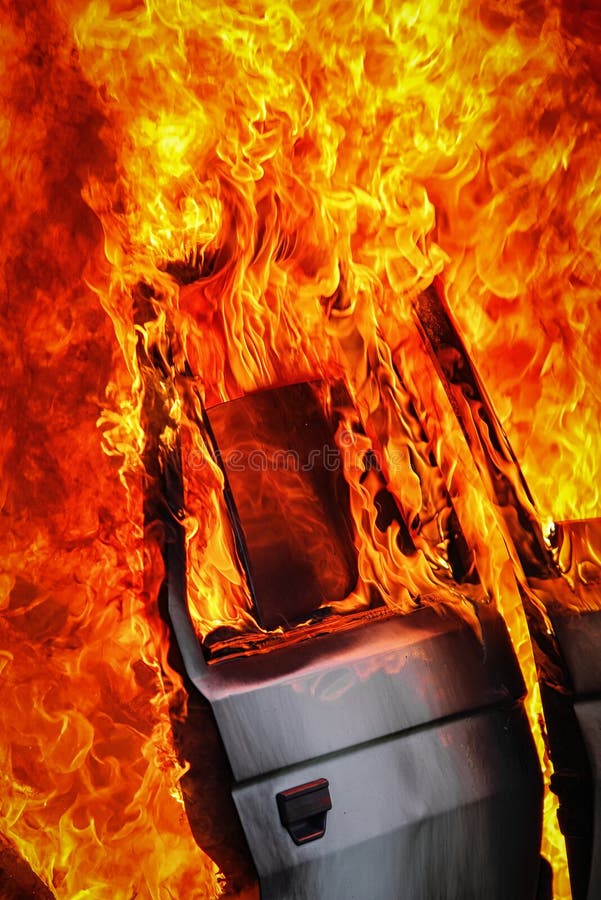 Burning car after accident stock image. Image of flame - 99663121