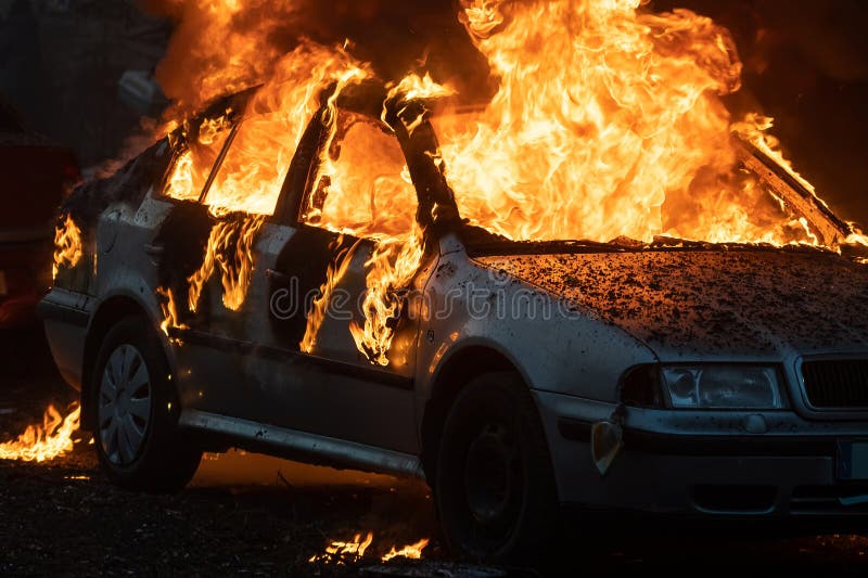 Burning Car Close Up. Big Flames of Fire and Lots of Smoke Stock Photo ...