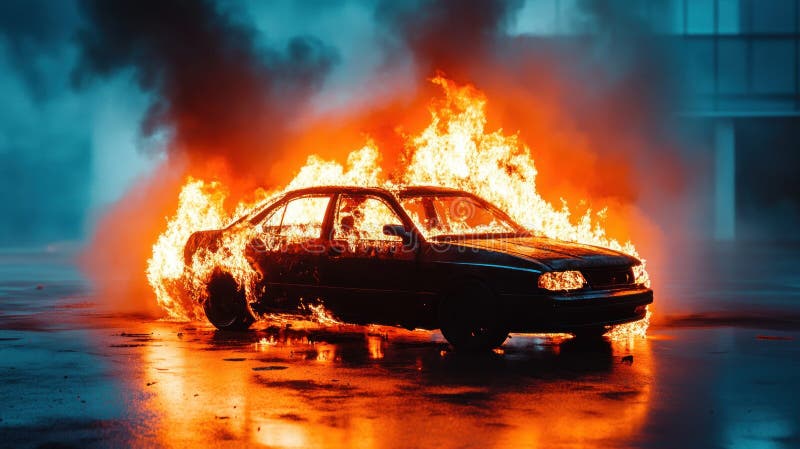 Burning Car on Dark Road with Flames Stock Illustration - Illustration ...
