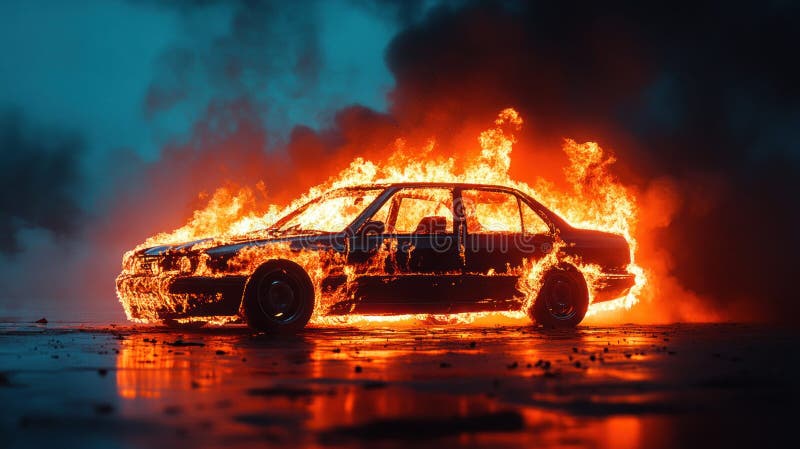 Burning Car on Dark Road with Flames Stock Illustration - Illustration ...