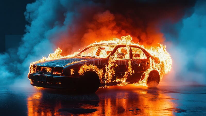 Burning Car on Dark Road with Flames Stock Illustration - Illustration ...