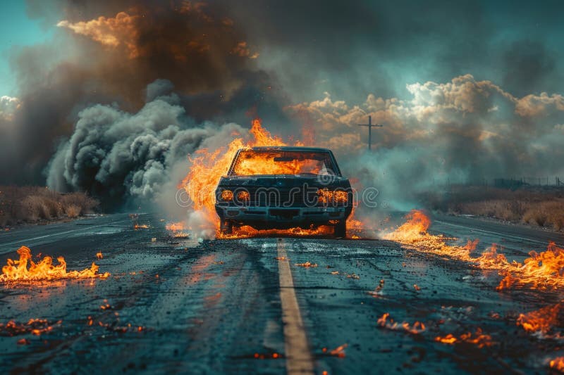 Burning Car Engulfed in Flames on a Deserted Road Stock Image - Image ...