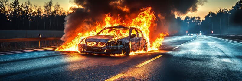 Burning Car Engulfed in Flames on a Deserted Road, Dramatic Car Fire ...