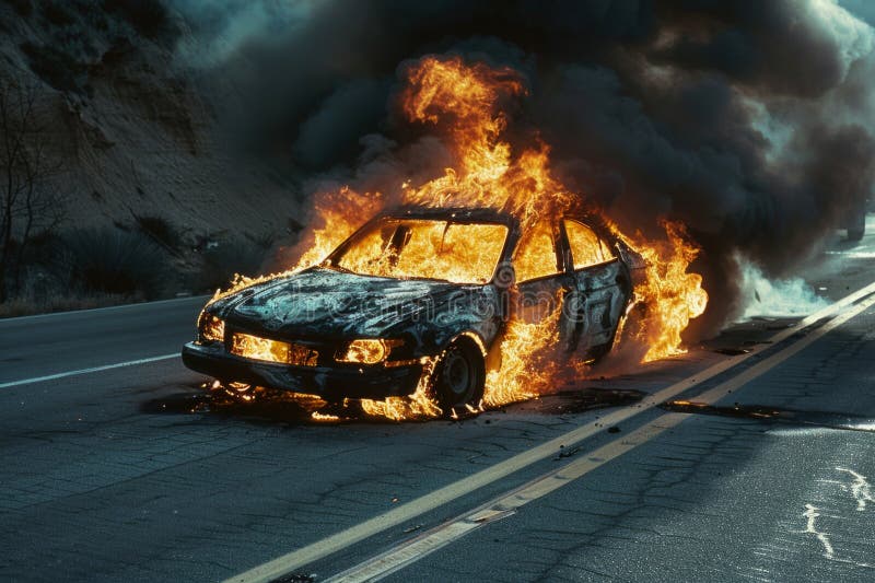 Burning Car Crash Explosion Asphalt Road Stock Photos - Free & Royalty ...