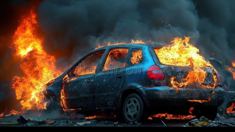 Burning Car Engulfed in Flames and Smoke after Accident Stock ...