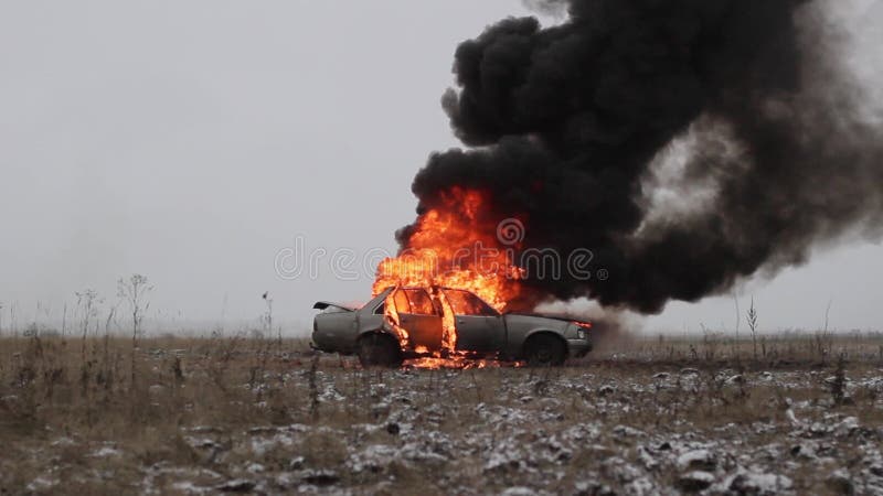 Car Explosion in the Field. Car on Fire. Slow Motion Stock Footage ...