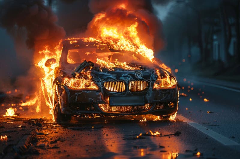 Burning Car in Flames on a Wet Road at Night Stock Photo - Image of ...