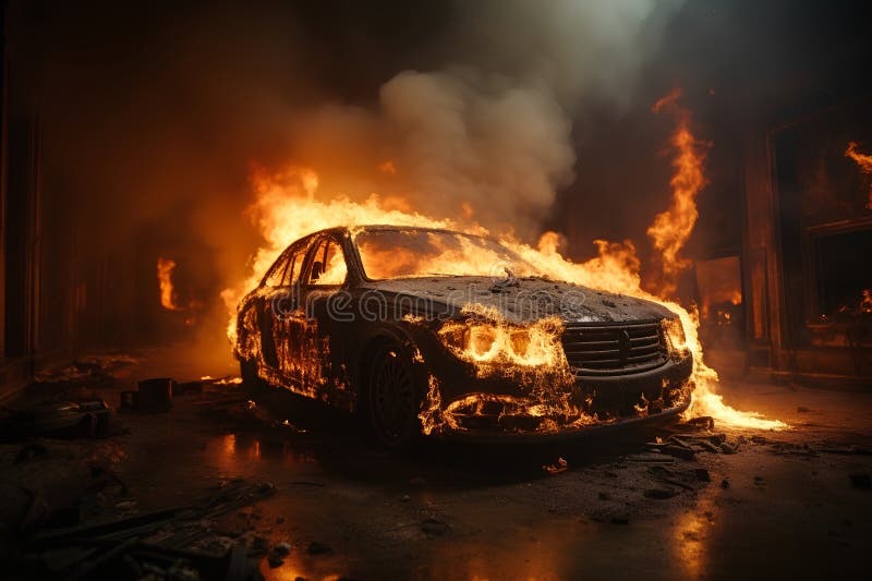Burning Car in the Garage, Concept of Fire and Accident. Stock ...